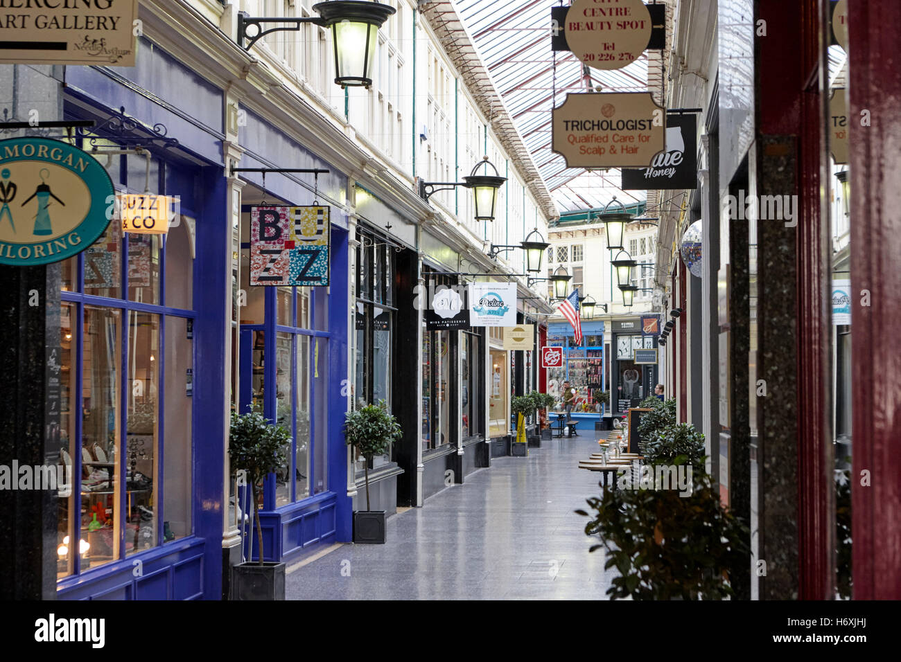 high street shopping arcade castle quarter Cardiff Wales United Kingdom ...