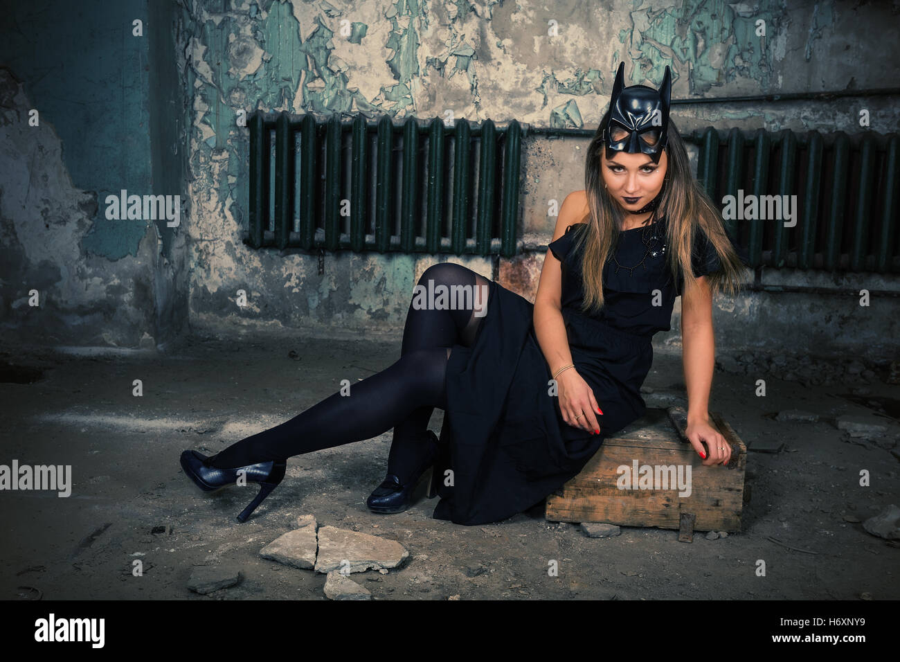 Beauty sensual woman in black dress , halloween Stock Photo - Alamy