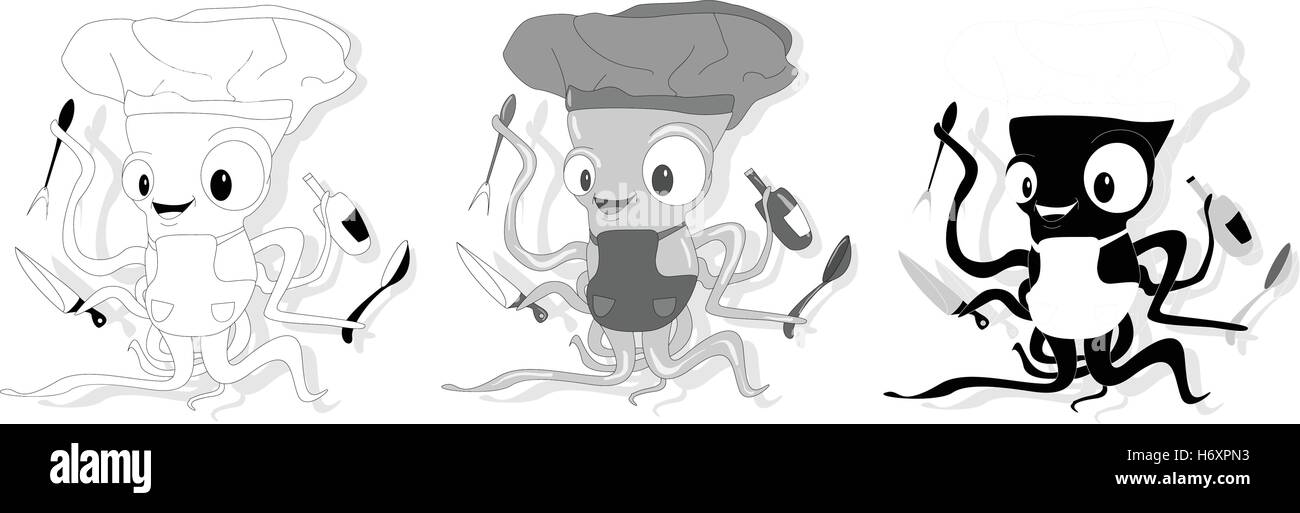 Funny cartoon octopus chef in cook hat . For seafood menu restaurant ...