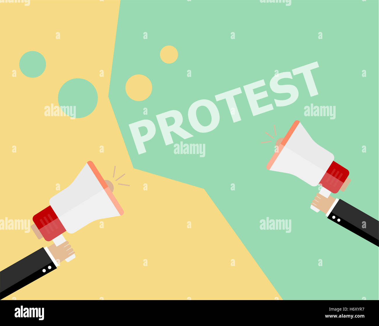 Hands holding protest signs and bullhorn, crowd of people protesters ...