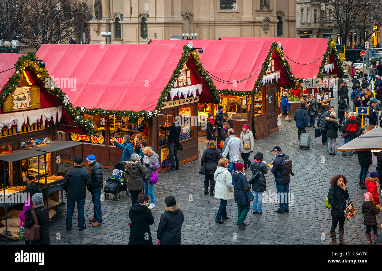 Wooden stalls offering souvenirs and traditional food during Christmas ...