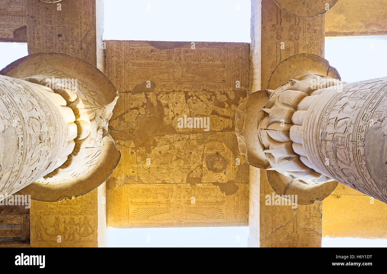 The columns' capitals decorated with floral carved patterns, Kom Ombo ...