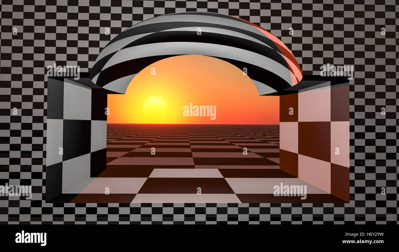 An abstract background with checkered window facing sunset, 3d ...