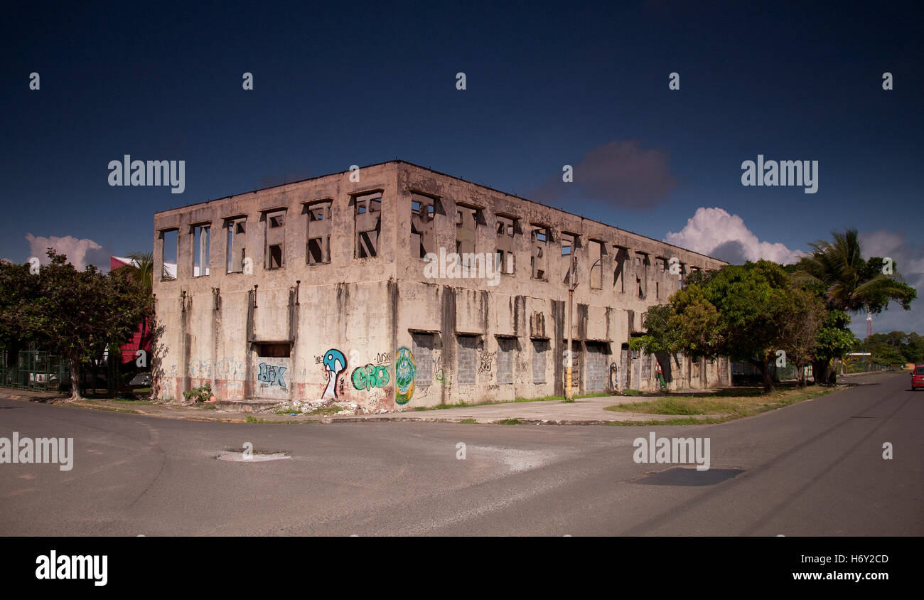 An abandoned building with graffiti on the walls in the town of Punta ...