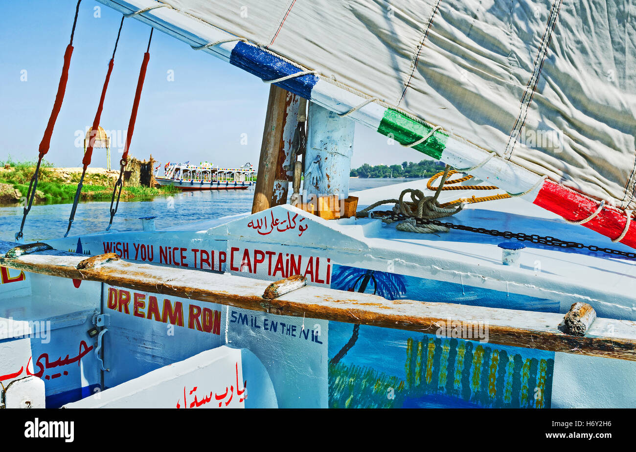 The view from old wooden felucca on Nile river and the bank of Banana ...