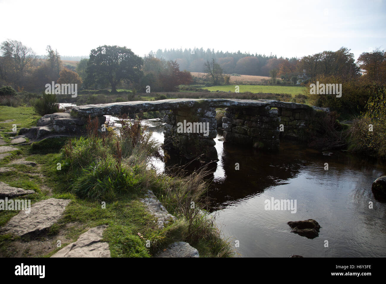 The ancient clapper bridge at Postbridge, on Dartmoor, Devon. Built13th ...