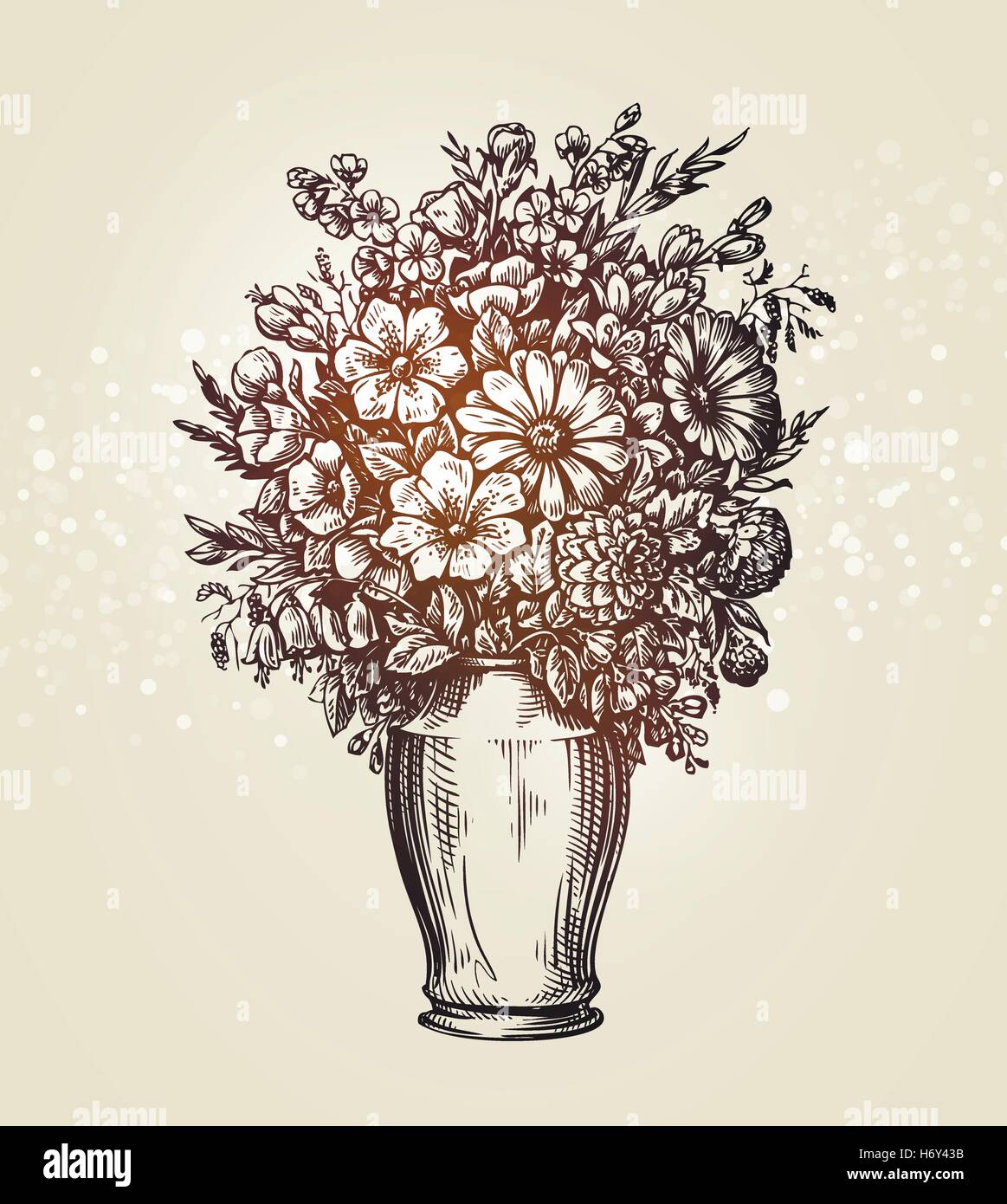 Vintage vase with flowers. Sketch vector illustration Stock Vector ...