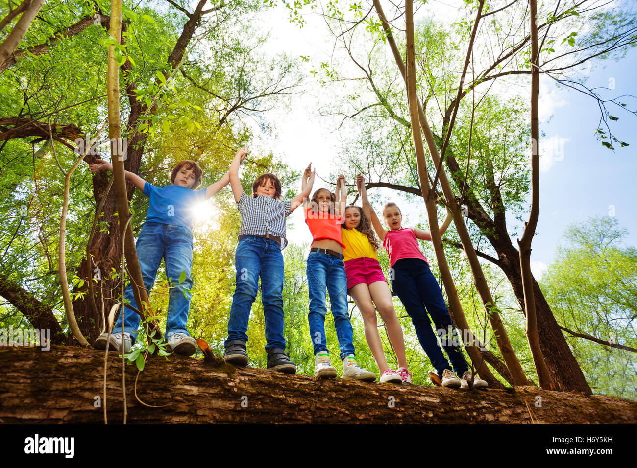 Happy kids standing on fallen tree in the forest Stock Photo - Alamy
