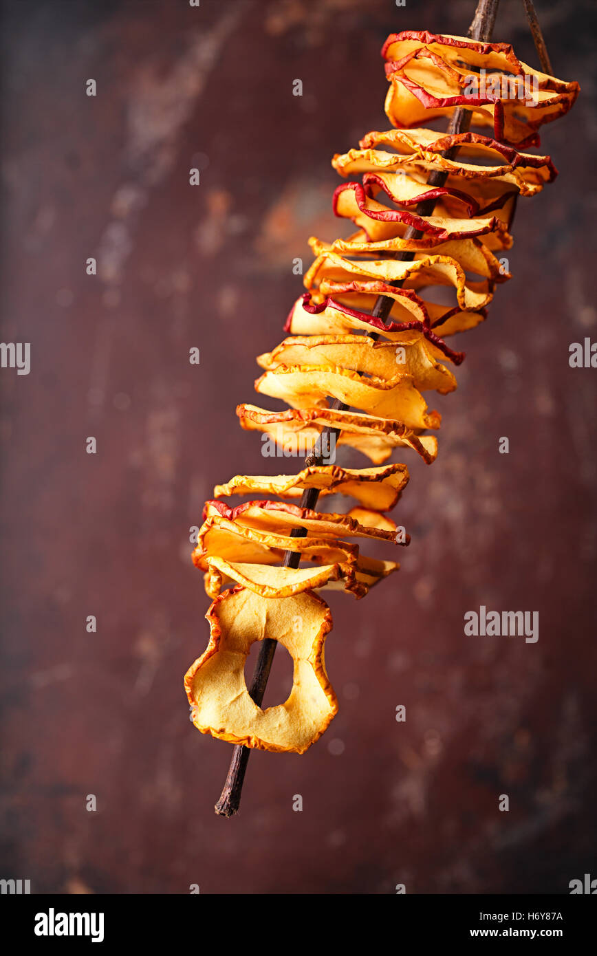Dried apple slices hanging on string with dark metal backdrop Stock ...