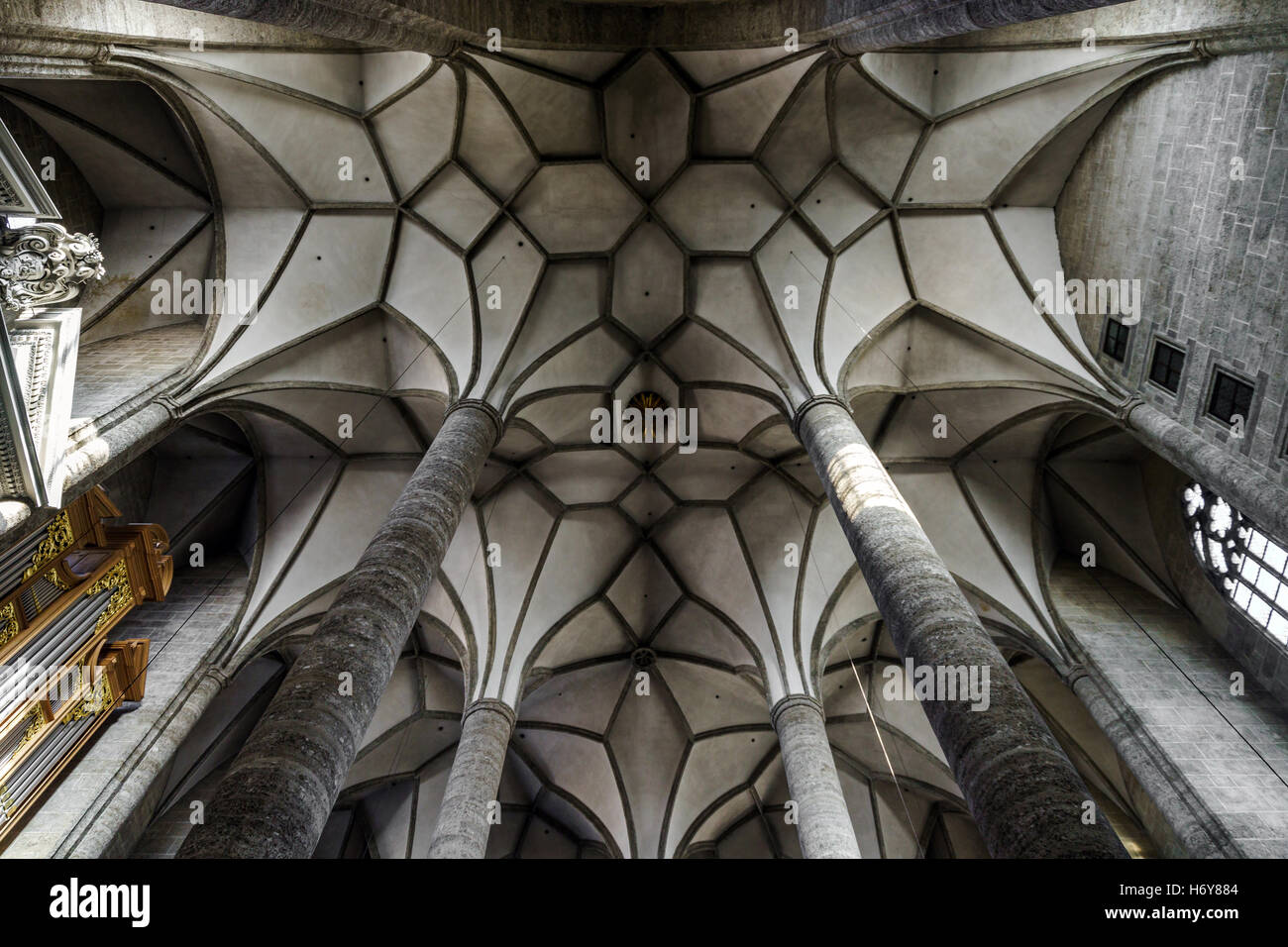 Very high medieval church with majestic ceiling. Interior. Salzburg ...