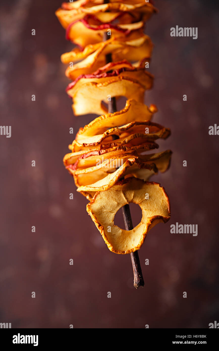 Dried apple slices hanging on string with dark metal backdrop Stock ...