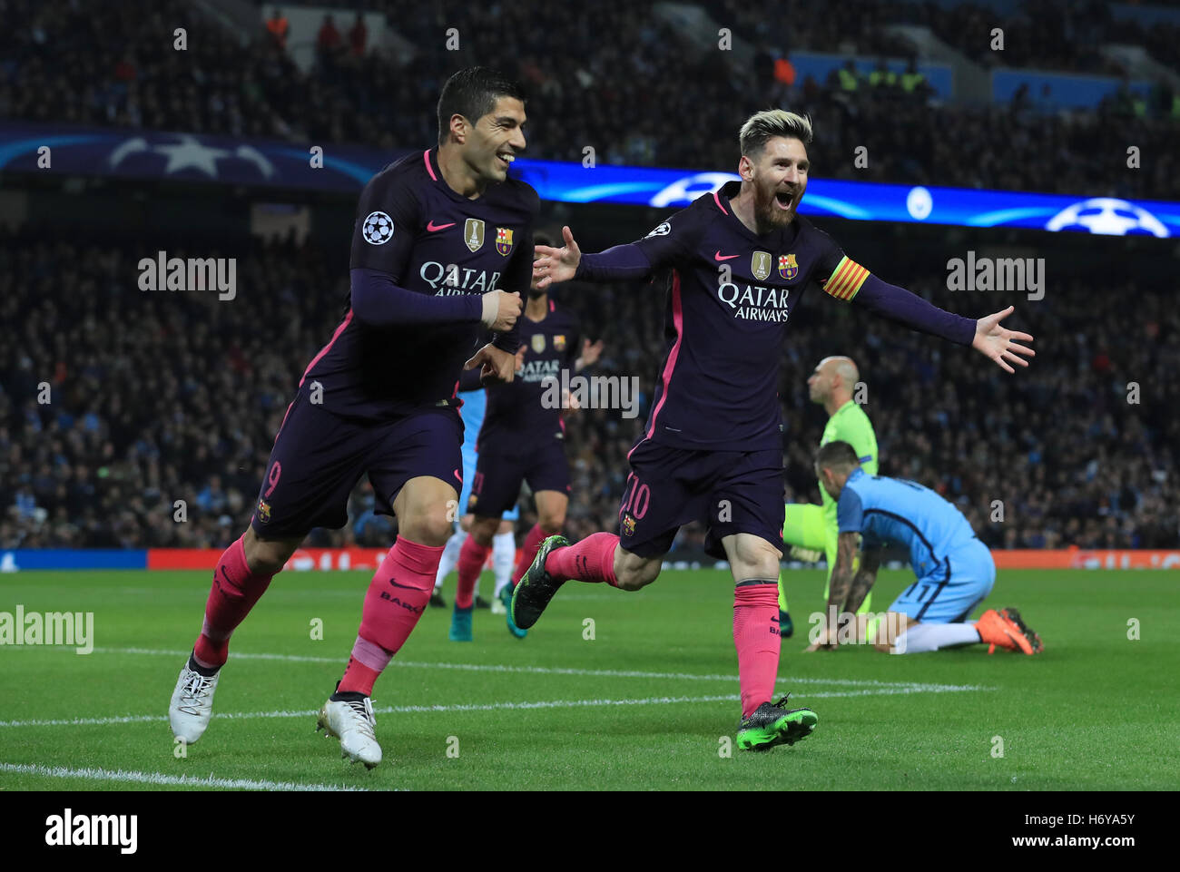 Barcelona's Lionel Messi celebrates scoring his teams first goal of the ...