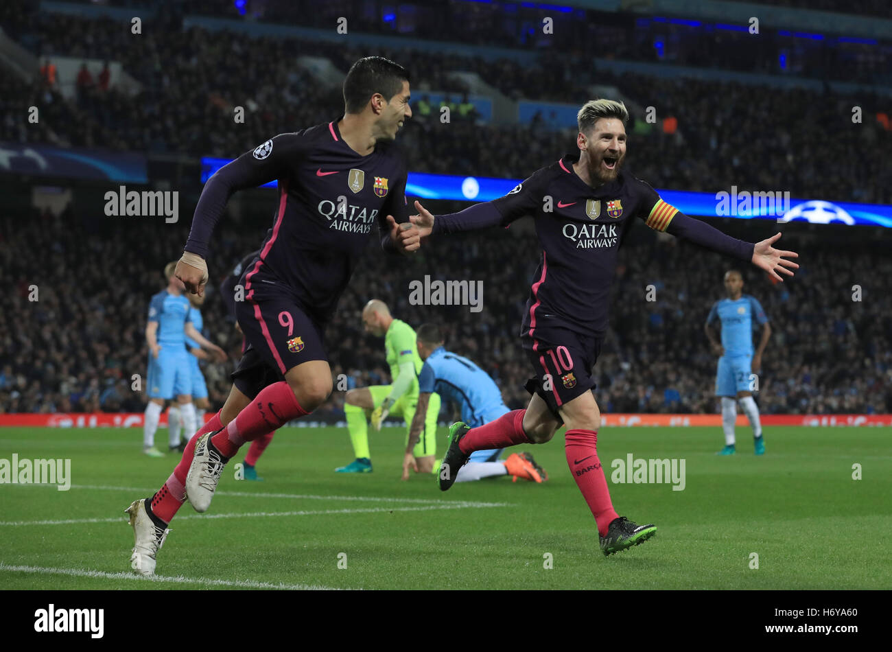 Barcelona's Lionel Messi celebrates scoring his teams first goal of the ...