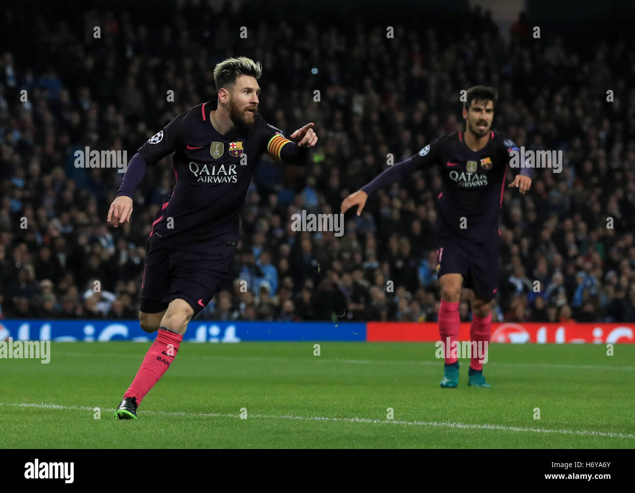 Barcelona's Lionel Messi celebrates scoring his teams first goal of the ...