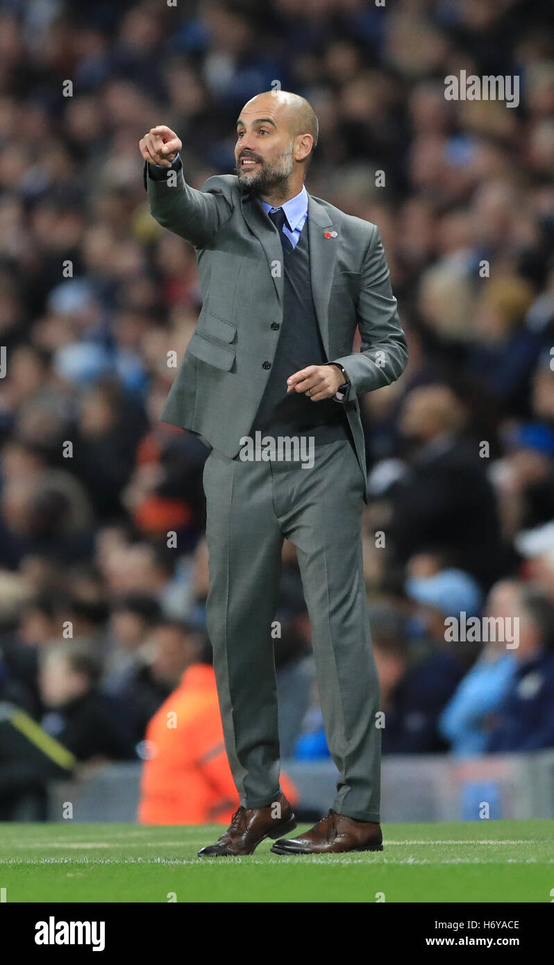 Manchester City manager Pep Guardiola gestures on the touchline during ...