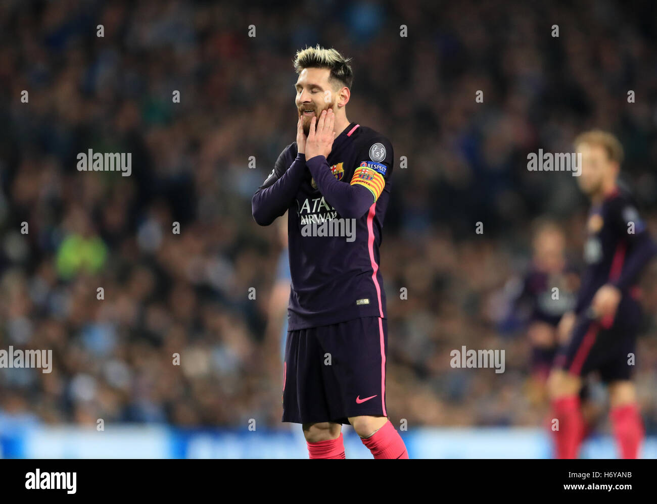 Barcelona's Lionel Messi celebrates his sides first goal of the game ...