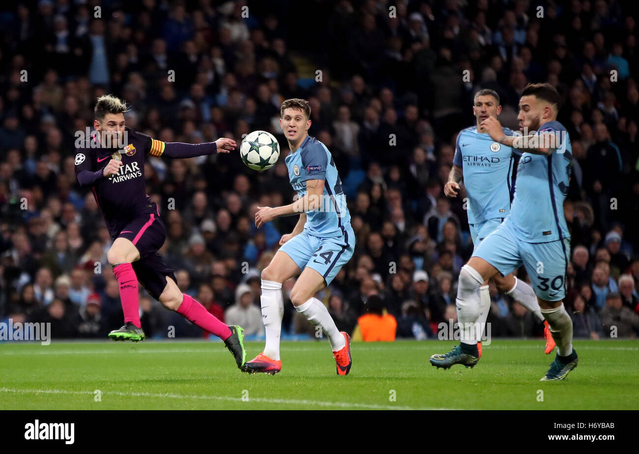 Barcelona's Lionel Messi heads towards goal during the UEFA Champions ...