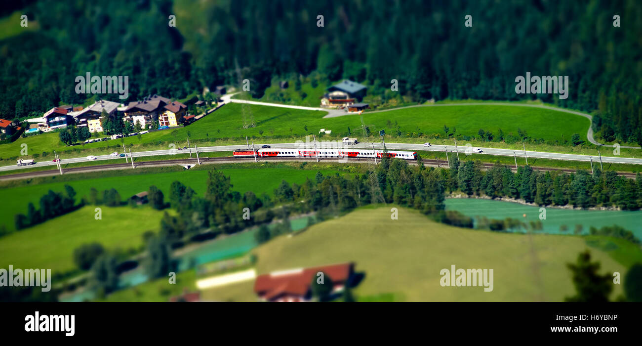 Miniature aerial view of train on railway , Austria Stock Photo - Alamy