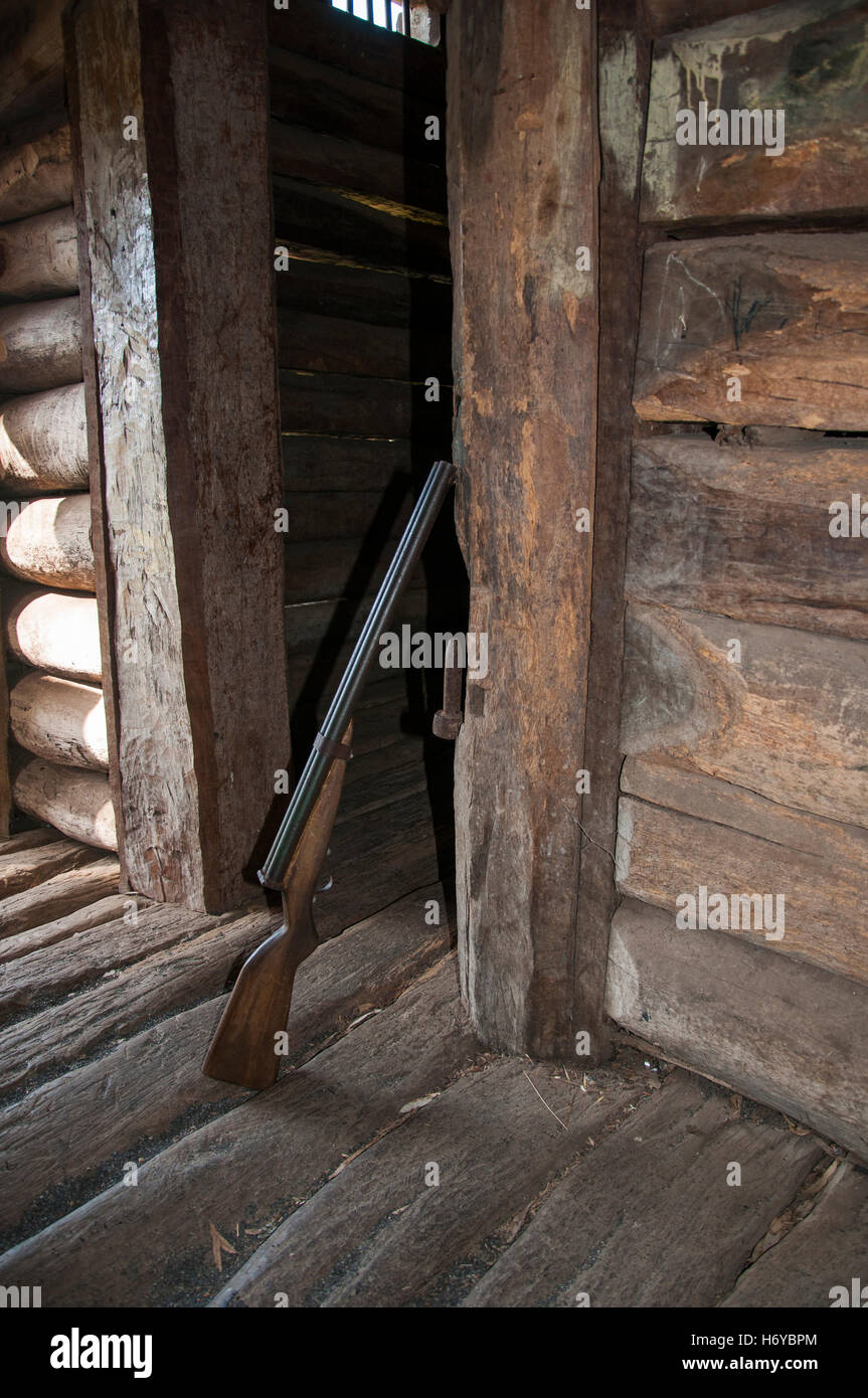Colonial-era split-log jail building at Harrow in the Wimmera region ...