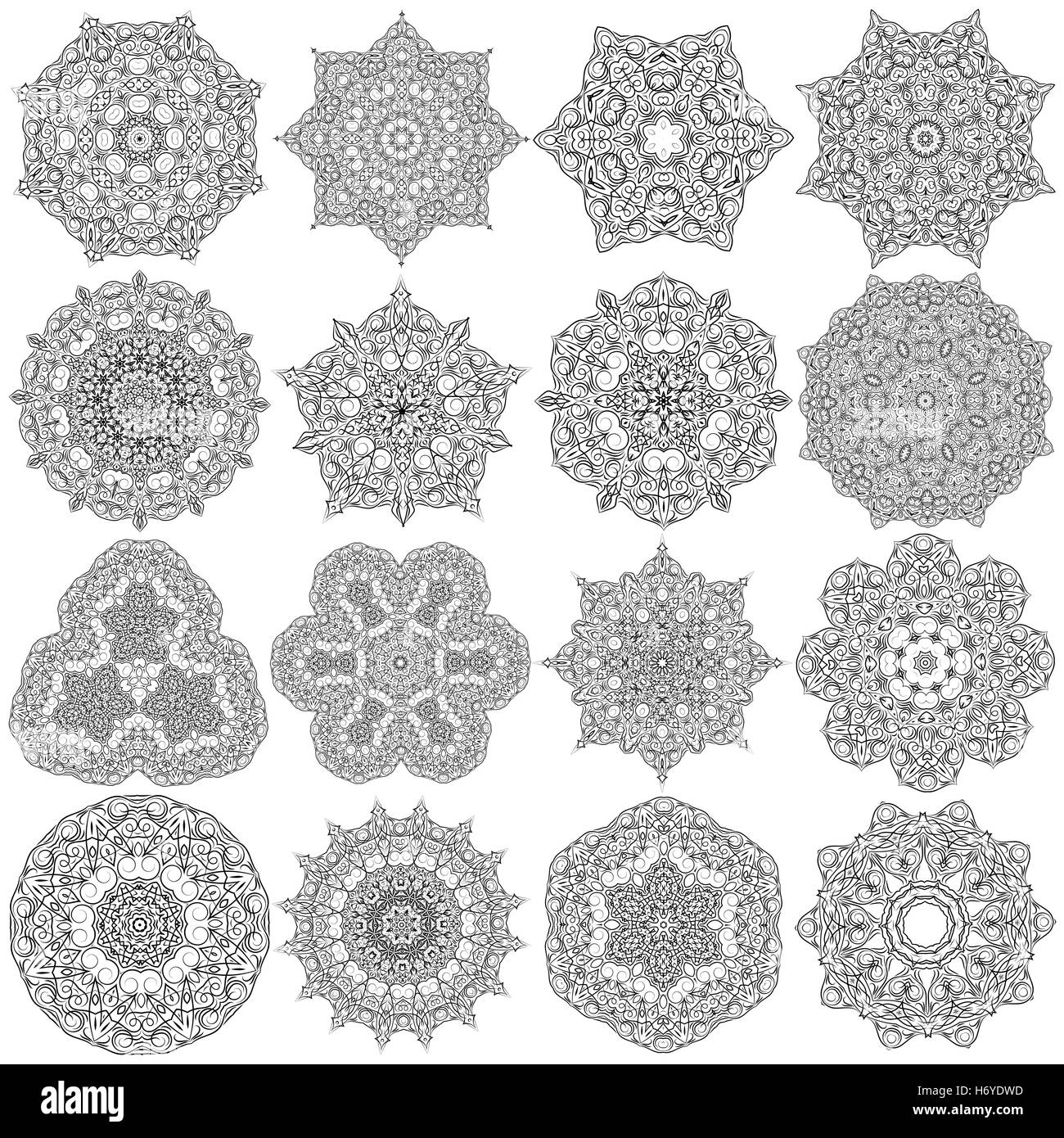 Hand drawn snowflake collection Black and White Stock Photos & Images ...