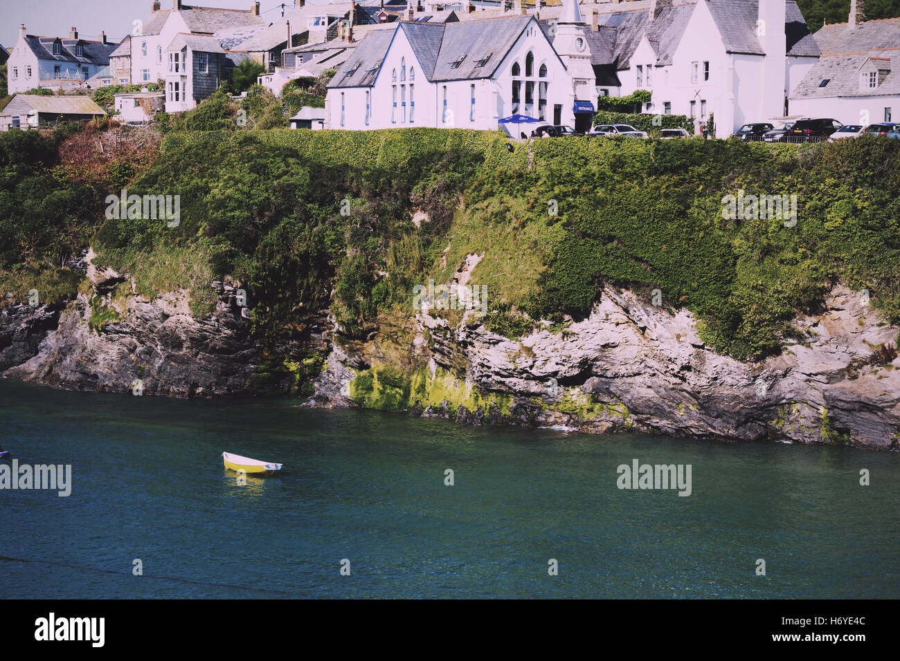 View of the harbour at Port Issac, Cornwall Vintage Retro Filter Stock ...