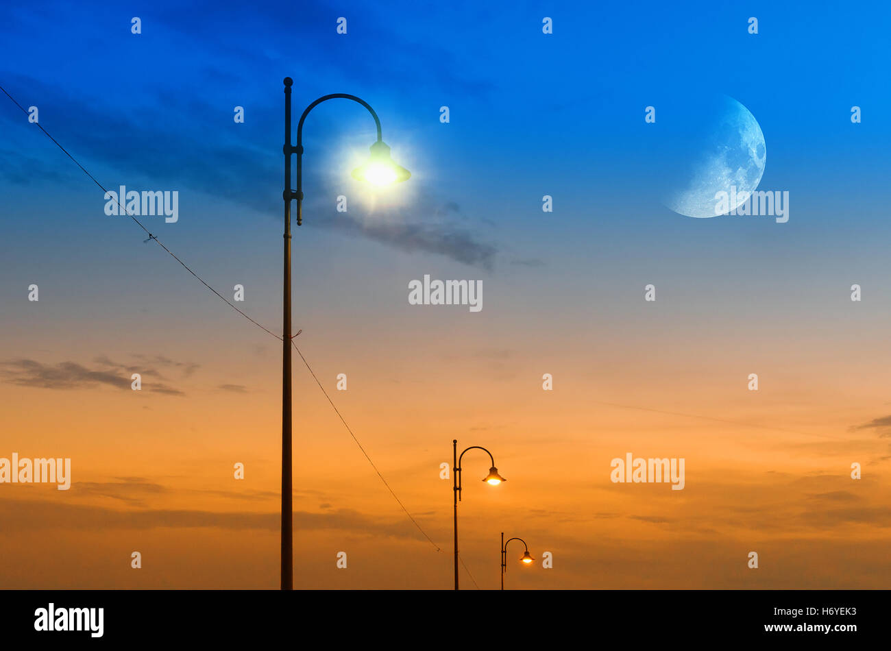 street lamps at moonlight Stock Photo - Alamy