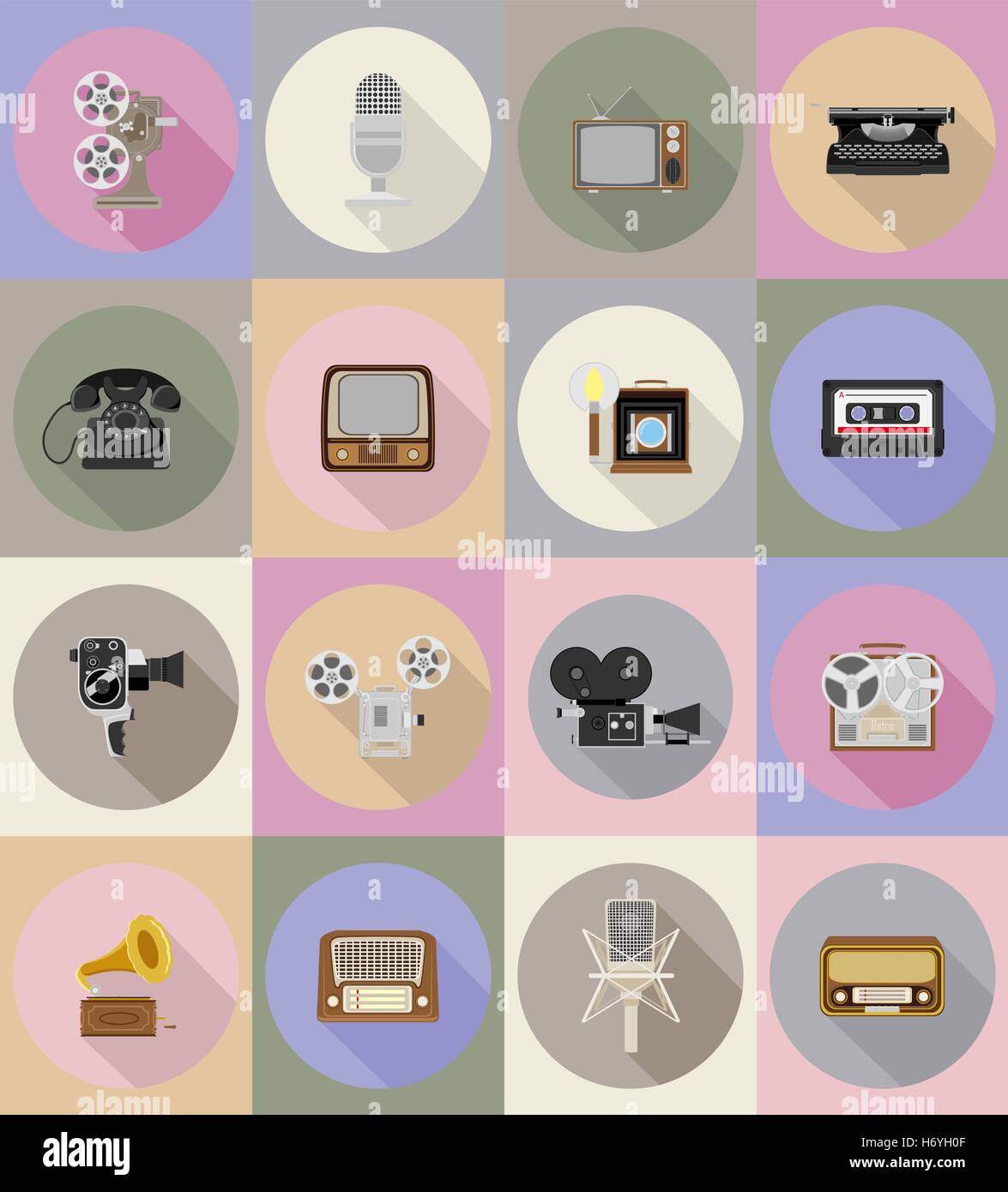 old retro vintage multimedia flat icons vector illustration isolated on ...