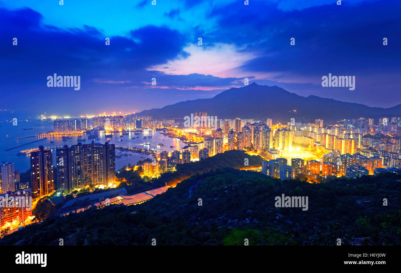 Hong Kong Tuen Mun skyline and South China sea at night Stock Photo - Alamy