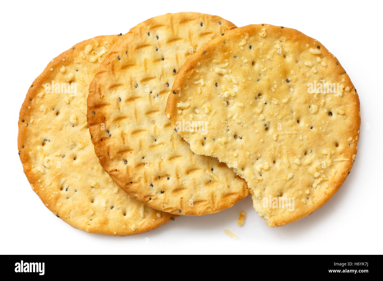 Three golden cheese crackers on white Stock Photo - Alamy