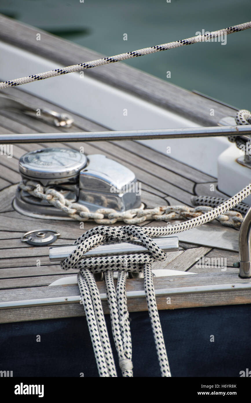 Vintage picture of beautiful sail boat details. Rope, hull, rigging ...
