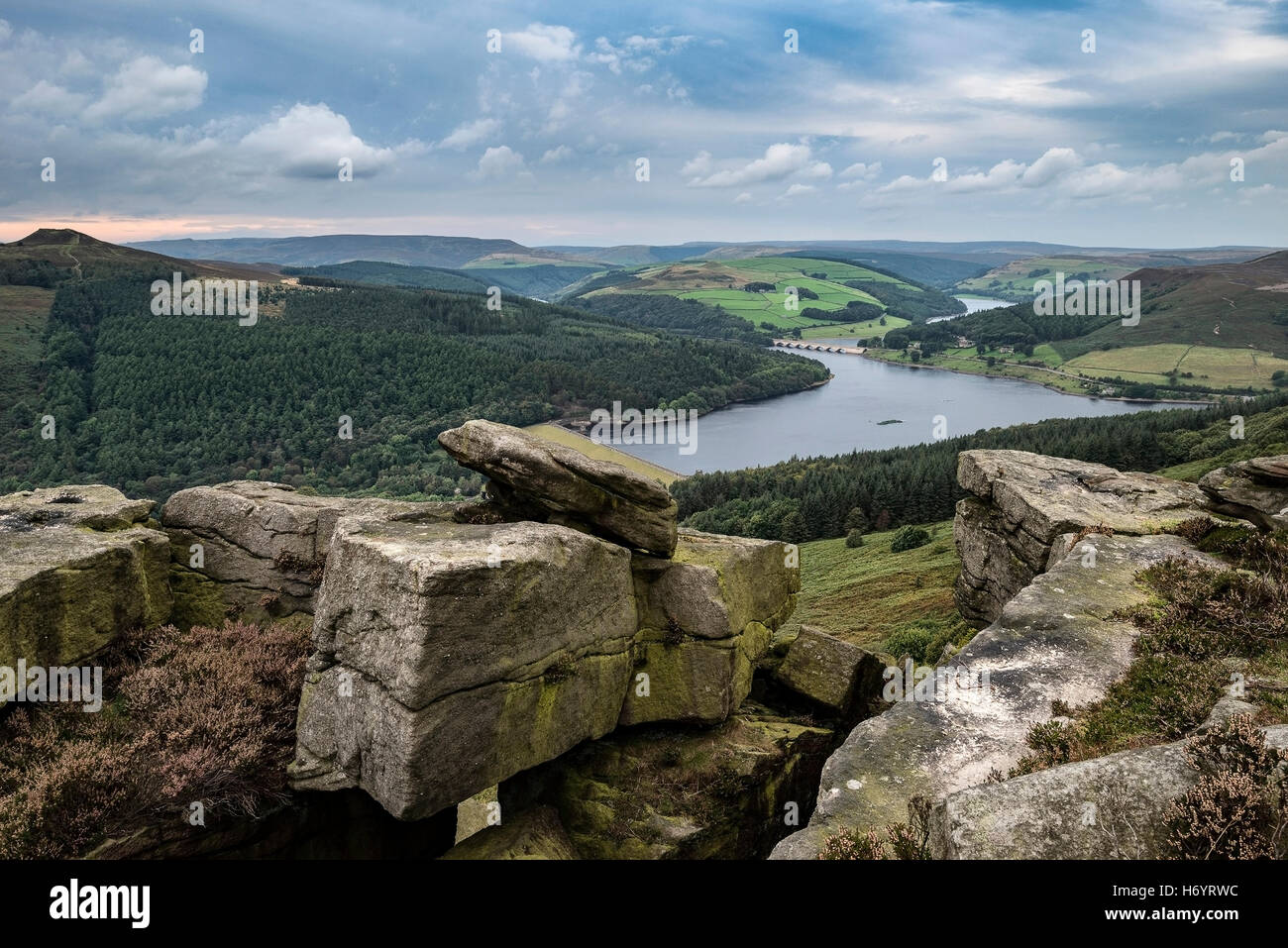 Landscape view from Bamford Edge in Peak District towards Ladybower ...
