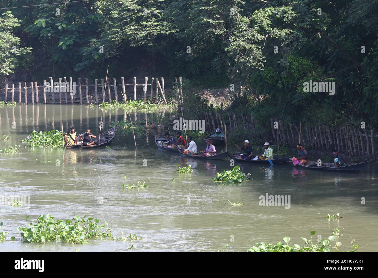 Seasonal fishermen busy fishing in the Turag river at Savar outside the ...