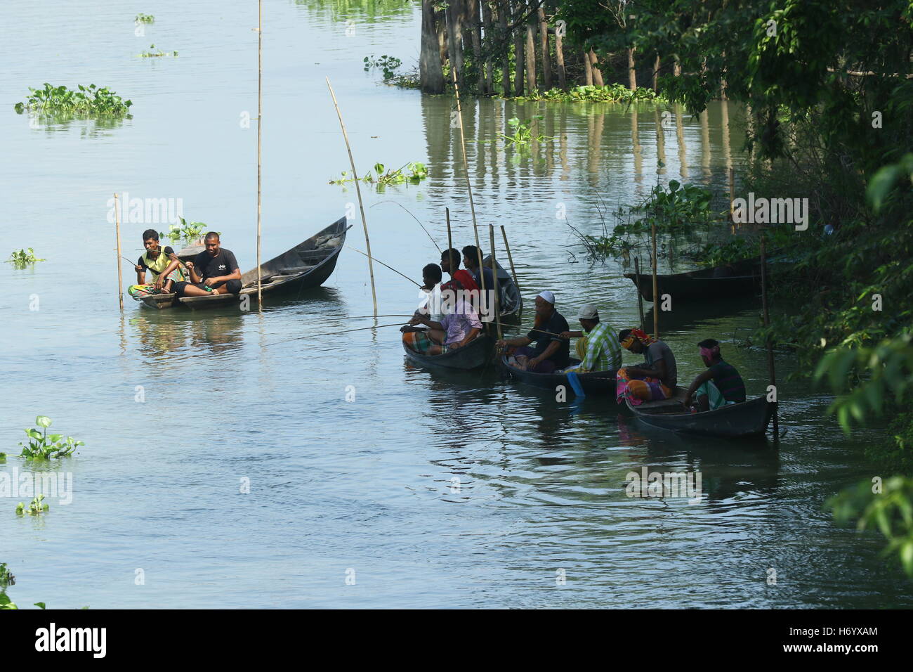Seasonal fishermen busy fishing in the Turag river at Savar outside the ...