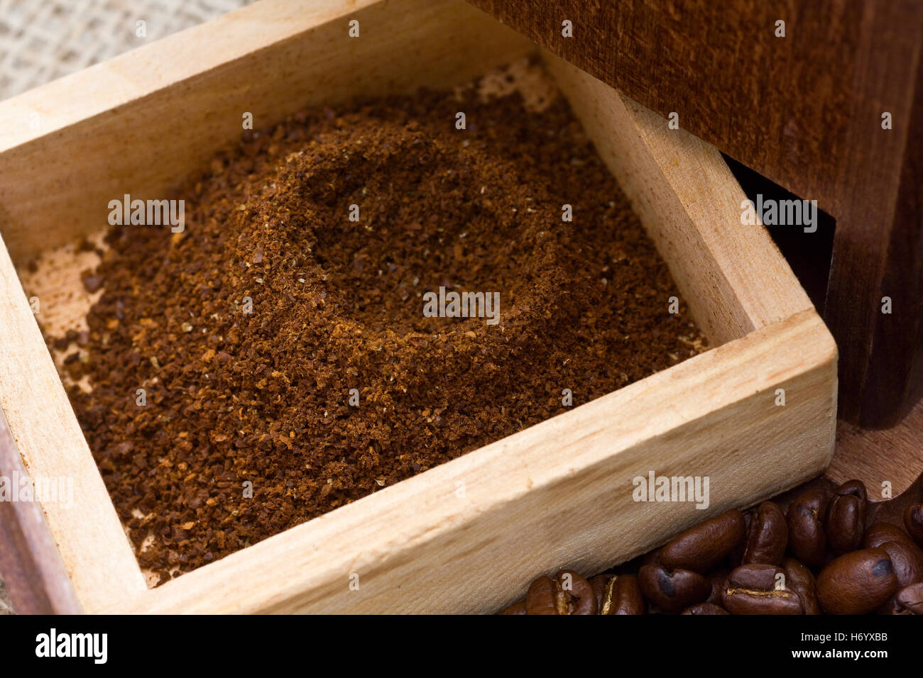 Fresh coffee grinds in coffee grinder box with beans surrounding Stock ...