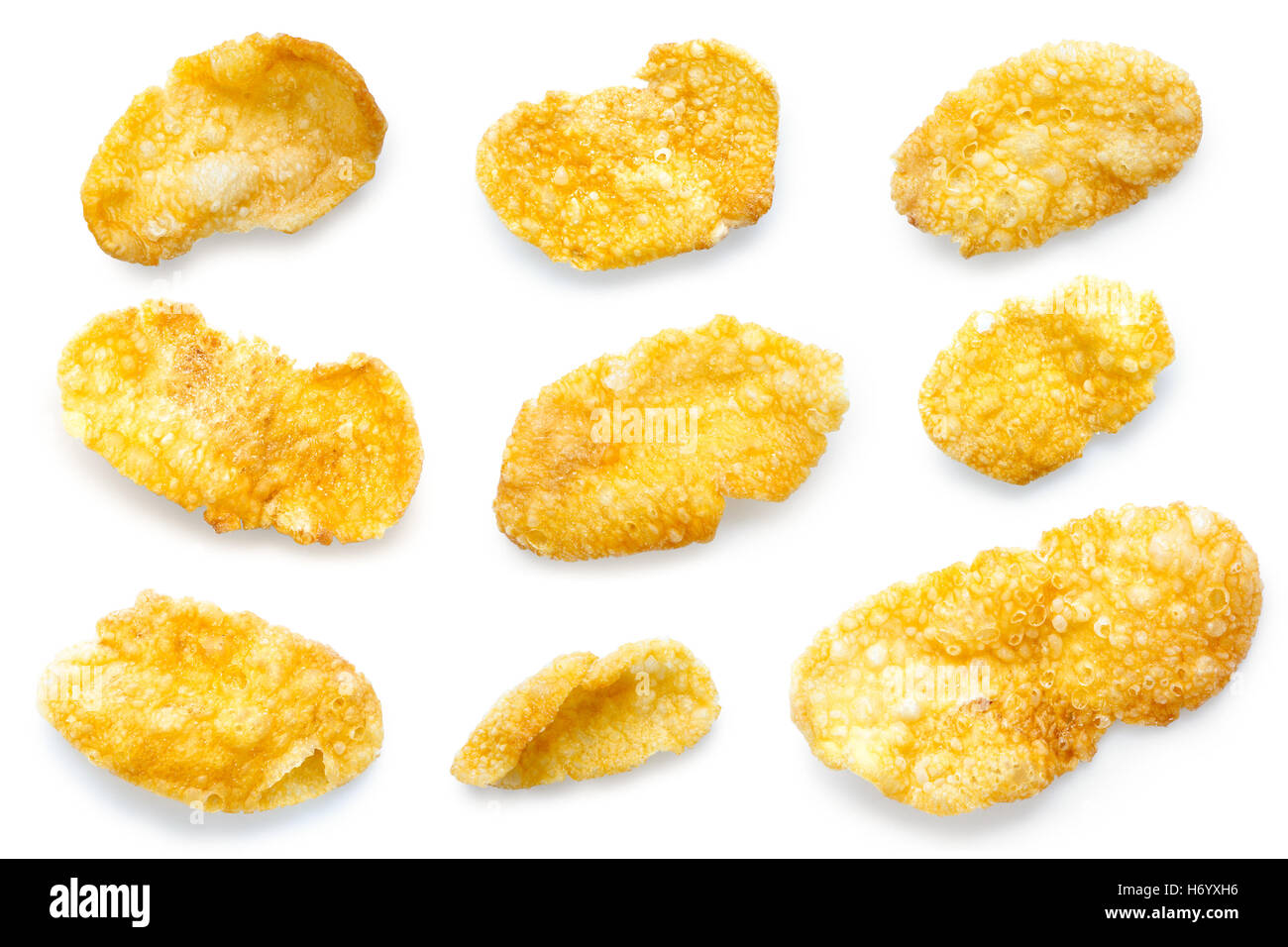 Collection of nine various shapes of cornflakes isolated on white from ...
