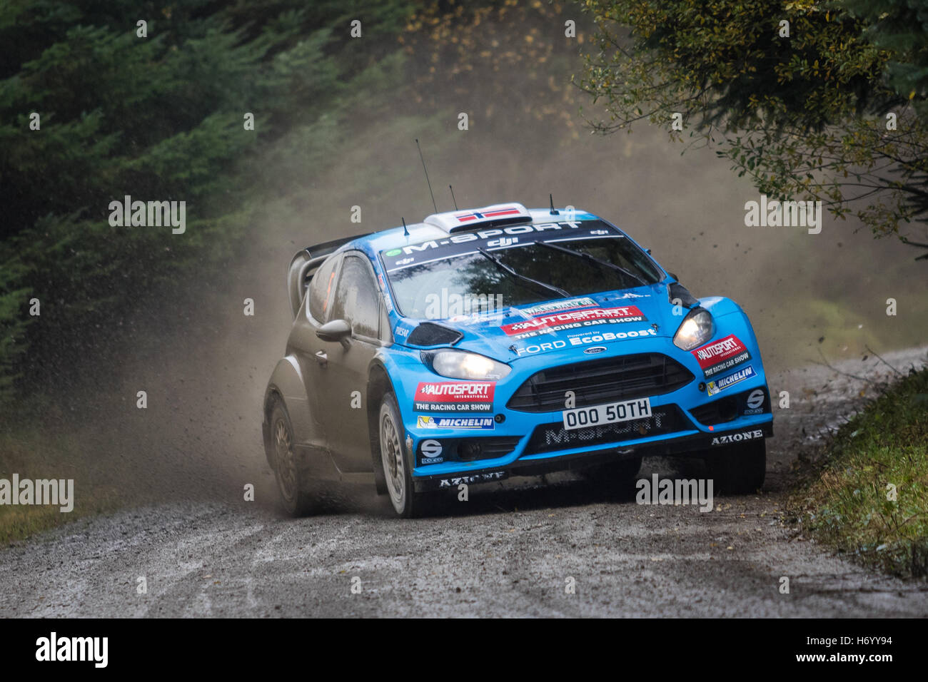 Mads Osteberg takes a corner in the Dyfnant stage of Wales Rally GB in ...