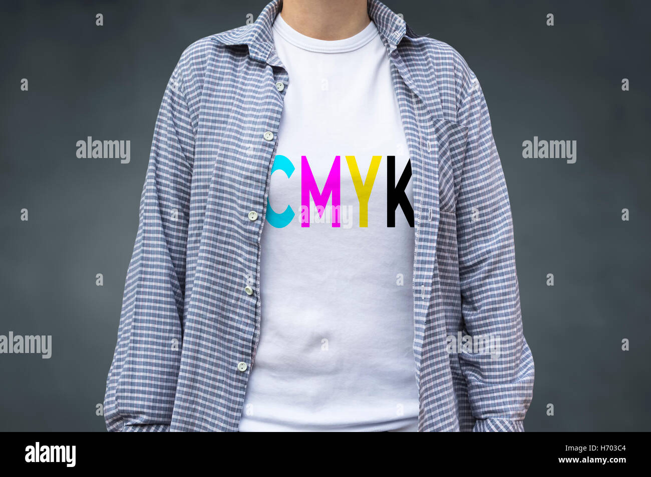 CMYK digital printing on T-shirt, cyan, magenta, yellow and black ...