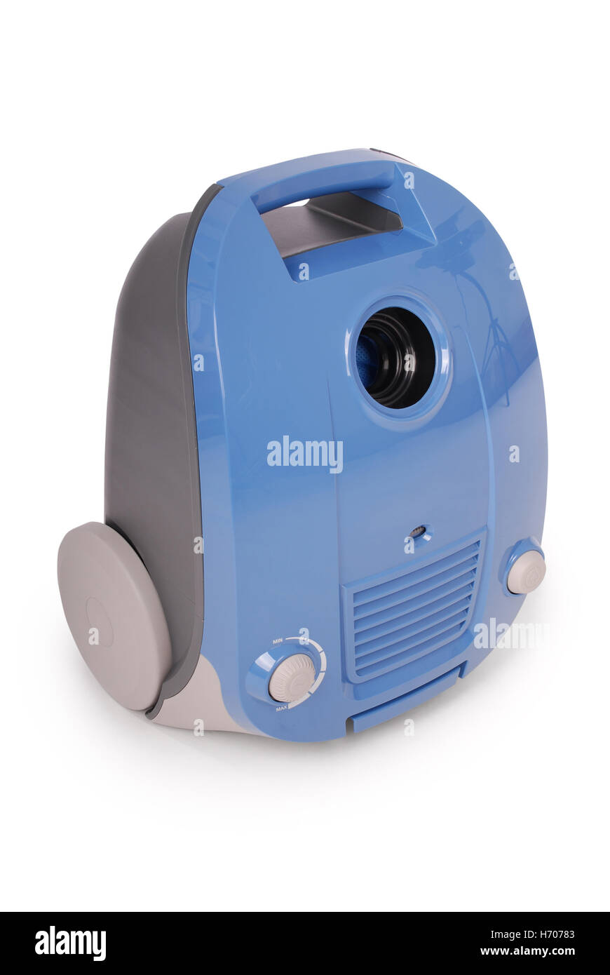 Blue vacuum cleaner isolated on white background. Clipping path inside ...
