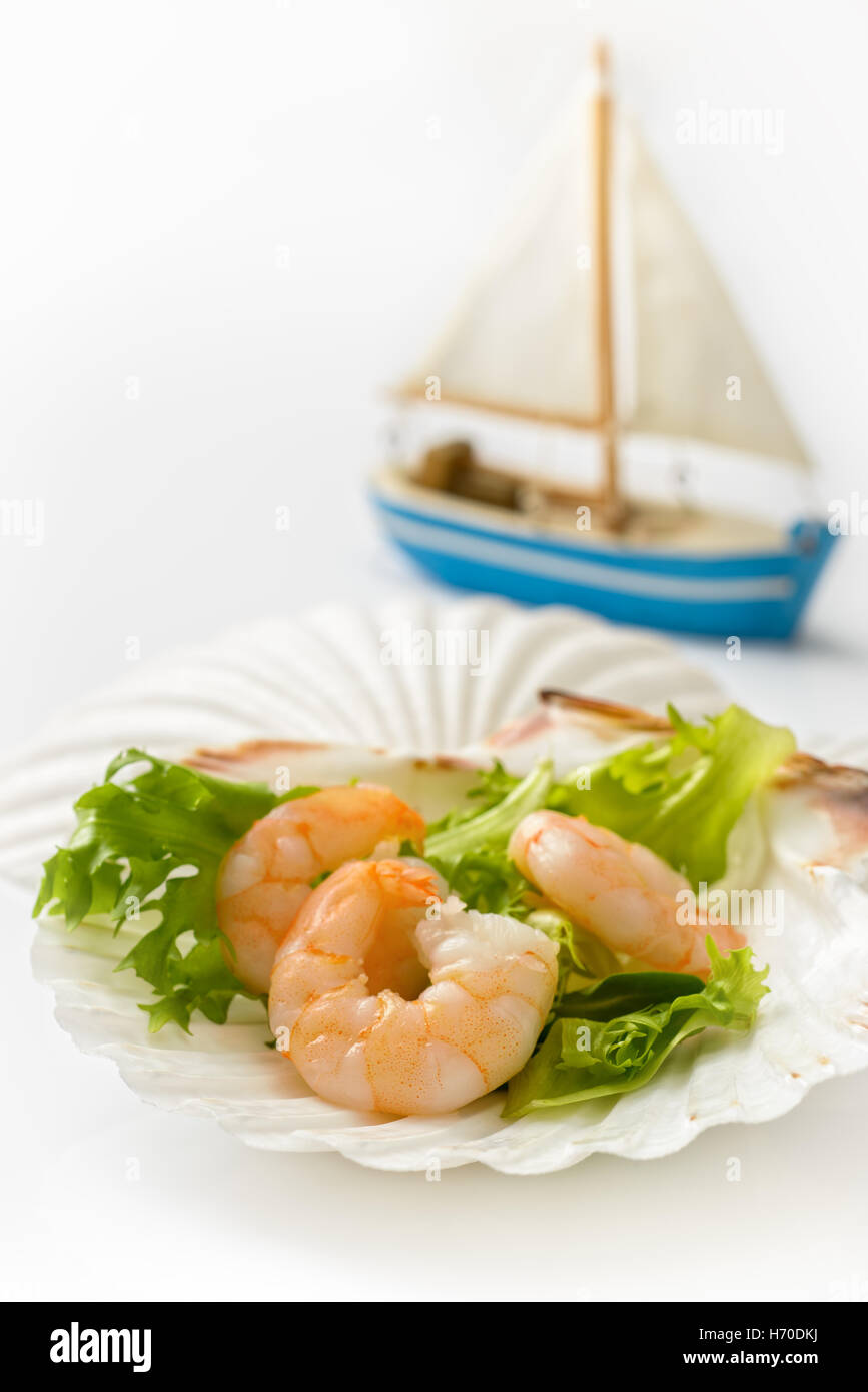 Prawn salad in scallop shells on a white background Stock Photo - Alamy