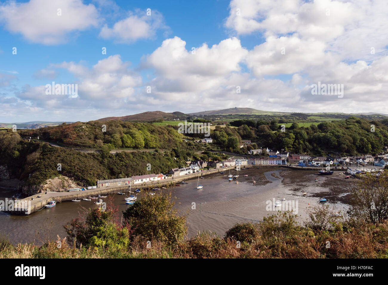 High view above old port on Afon Gwaun River with Preseli Hills beyond ...
