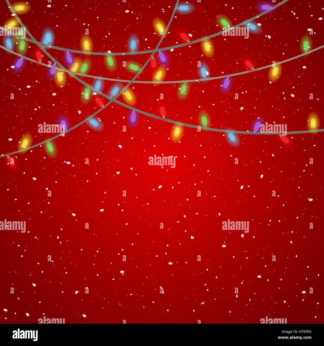 Multicolored garland christmas lights on red, silk background with ...