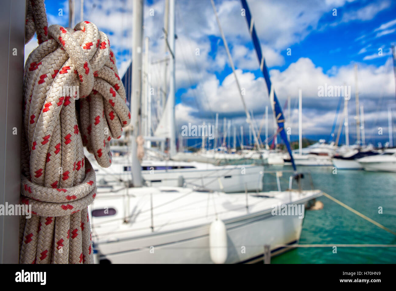 Thick ship vessel rigging rope on a boat Stock Photo - Alamy