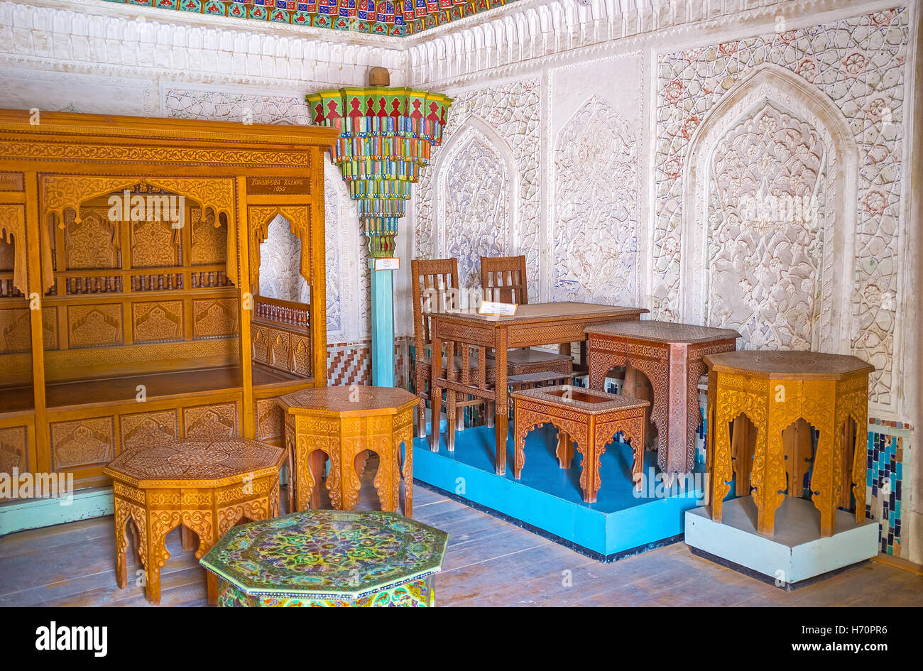The examples of the traditional Uzbek wooden carved furniture in room ...