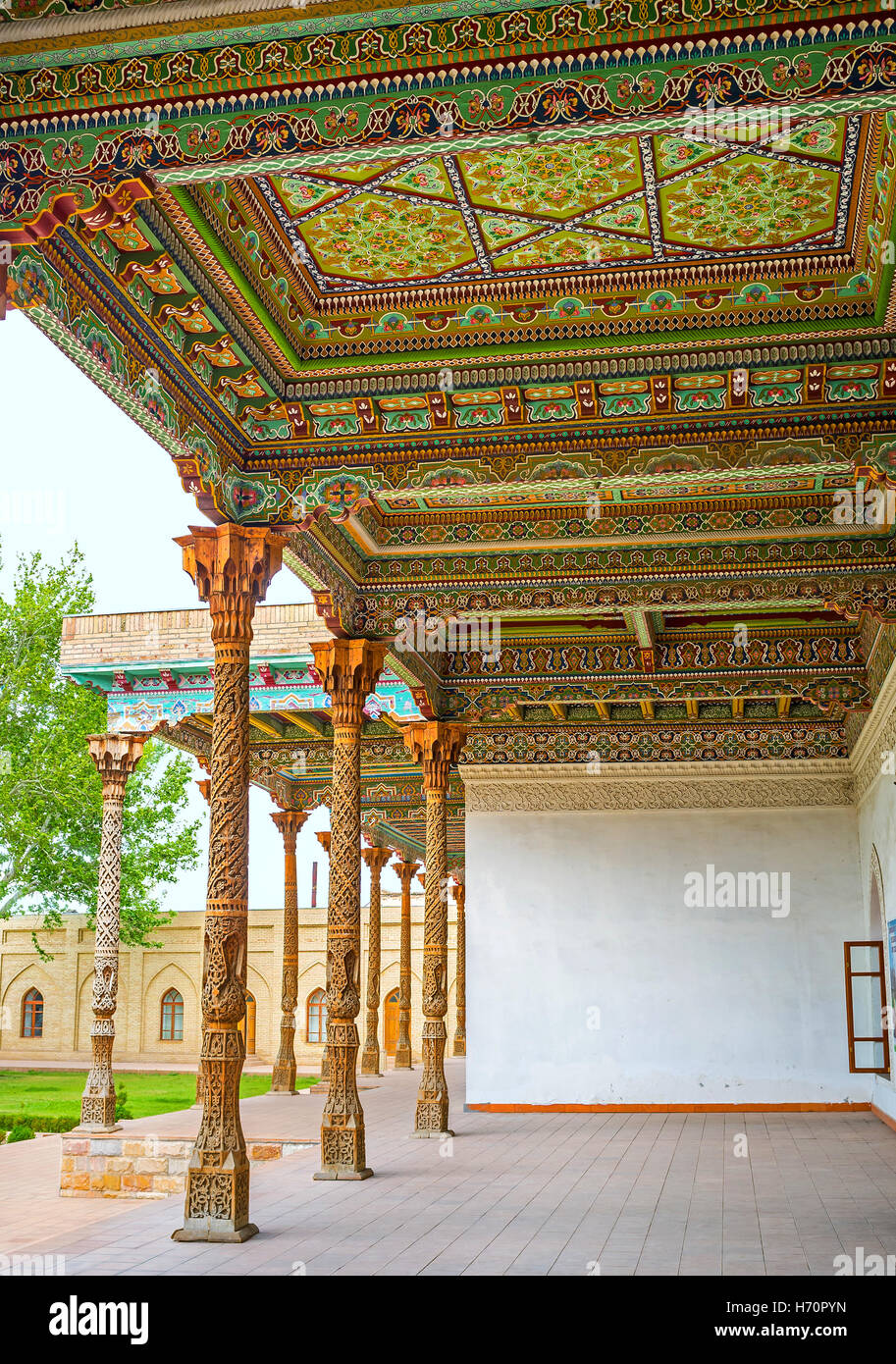 The wooden canopy in the courtyard of the Jami Mosque covered with ...