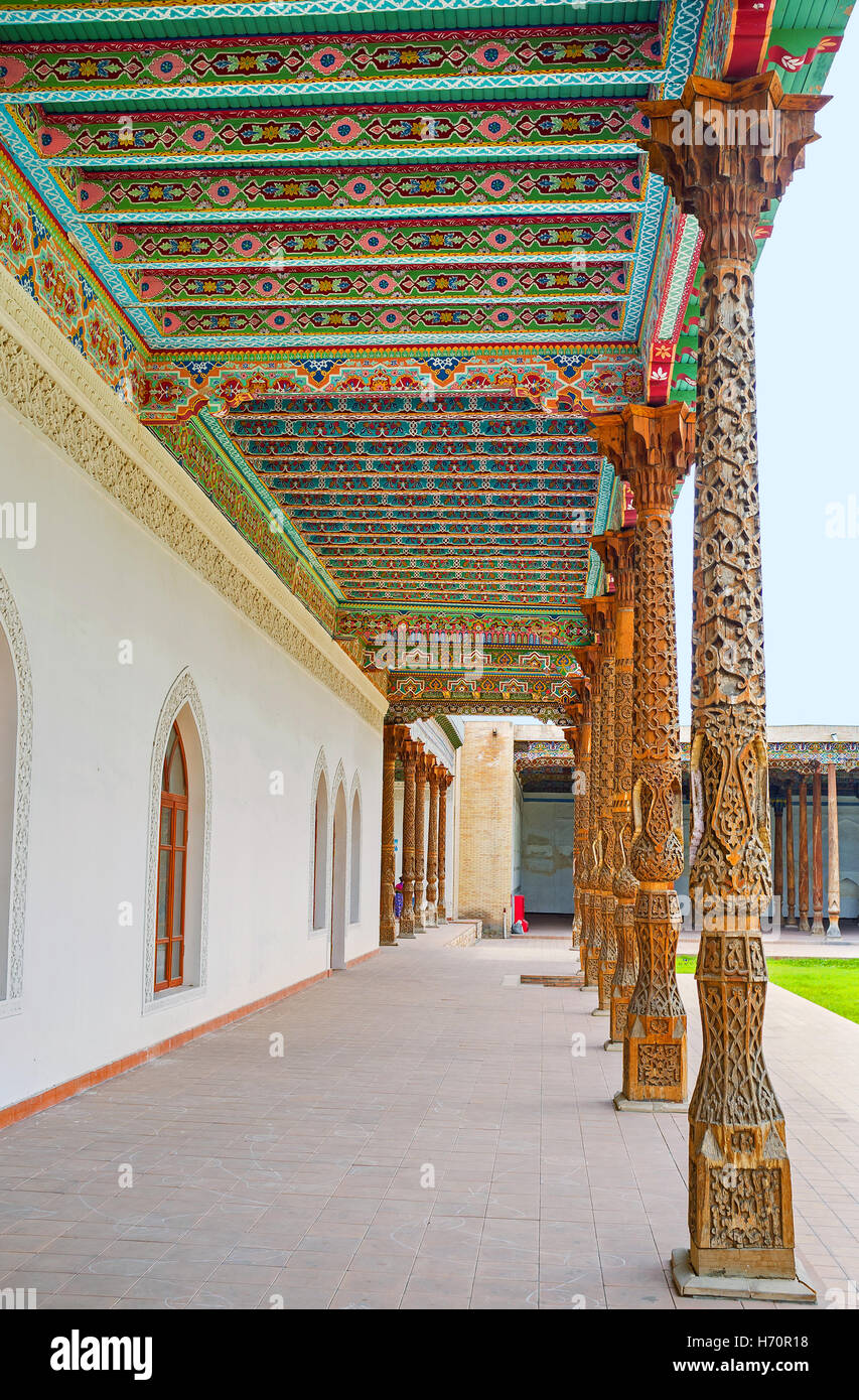 The scenic carved pillars and colorful canopy in the courtyard of the ...
