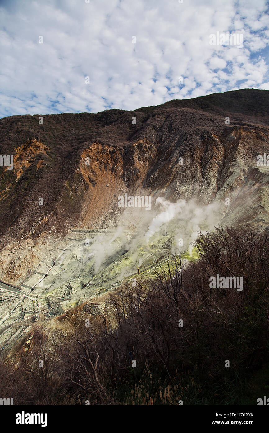 View at volcanic valey with hot springs at Owakudani, Japan Stock Photo ...