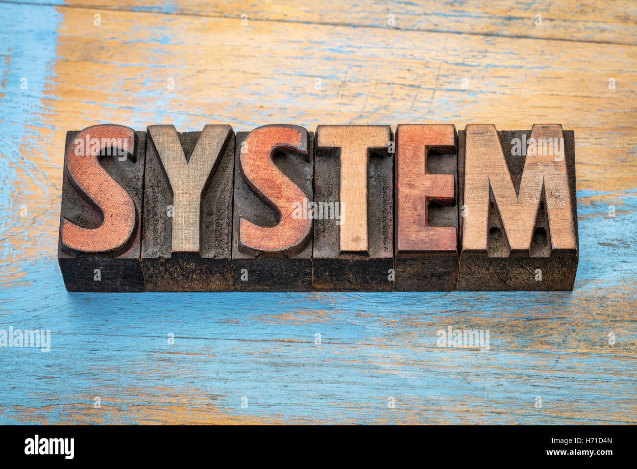 system - word abstract in vintage letterpress wood type against grunge ...