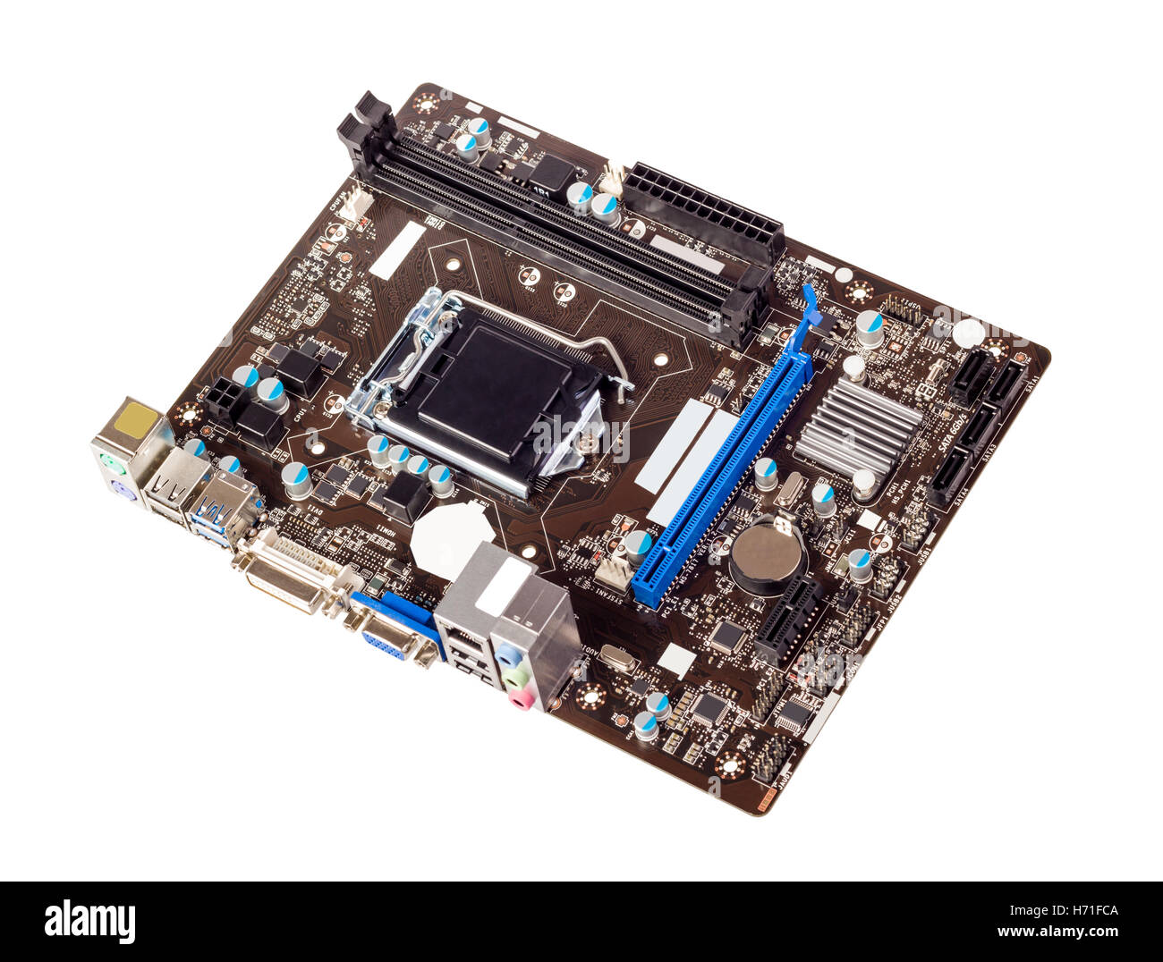 Computer motherboard isolated on white background without CPU cooler ...