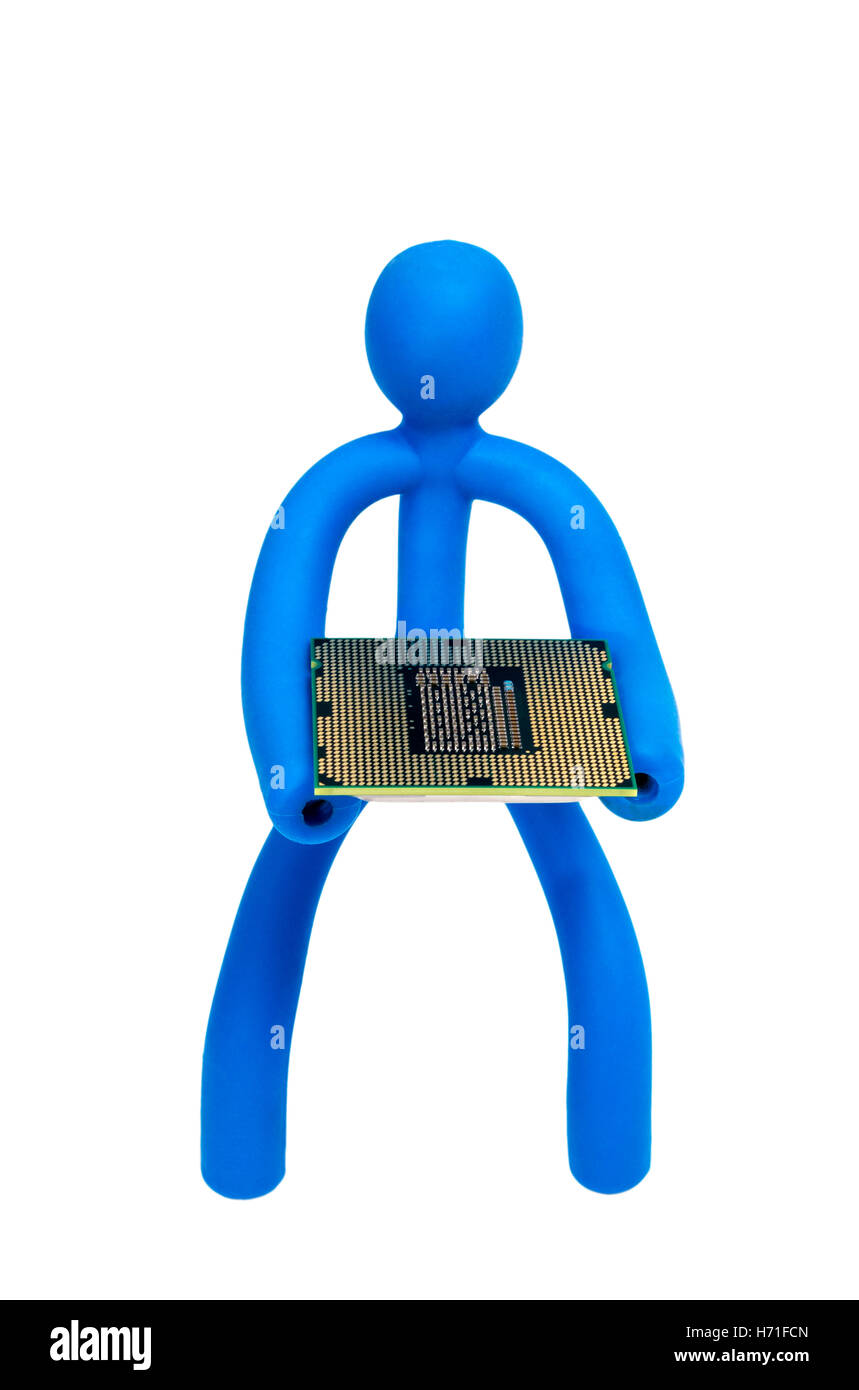 Blue rubber man keeps the processor isolated on white background Stock ...