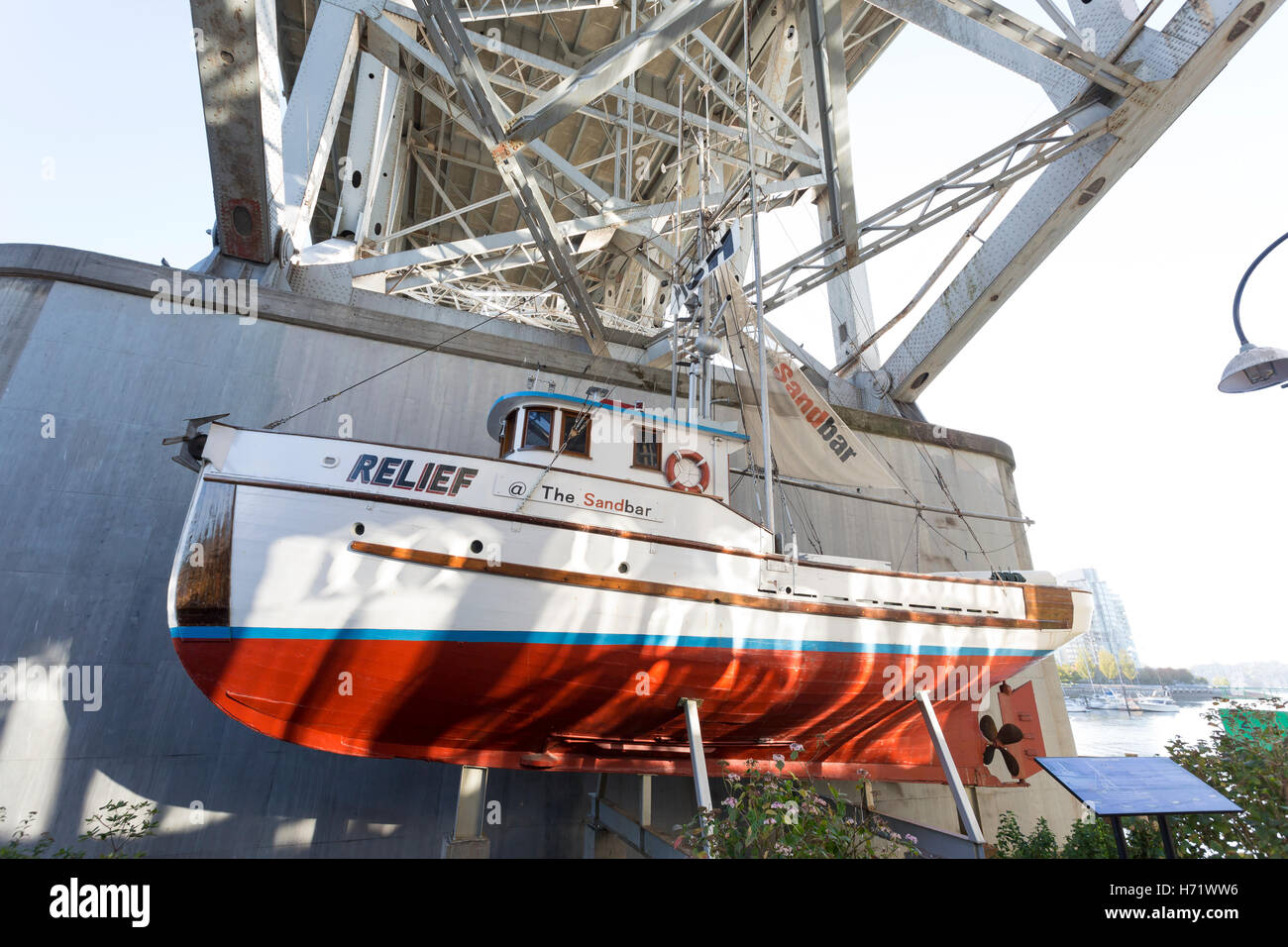 Vancouver, Canada: The Relief halibut boat on display at the Sandbar ...